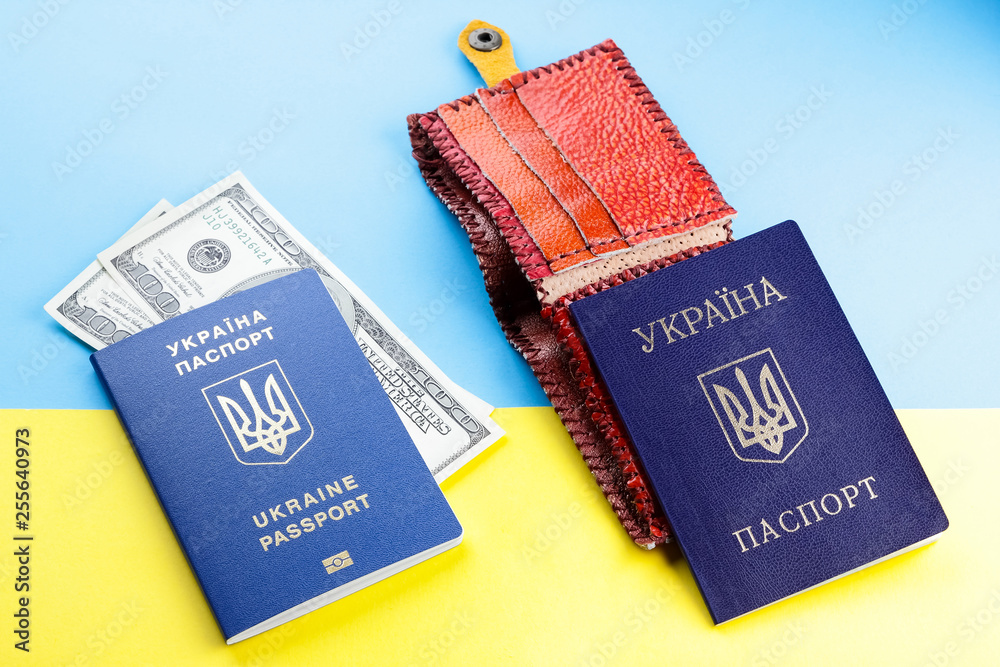 Ukrainian biometric passport on background of the Ukrainian flag ...