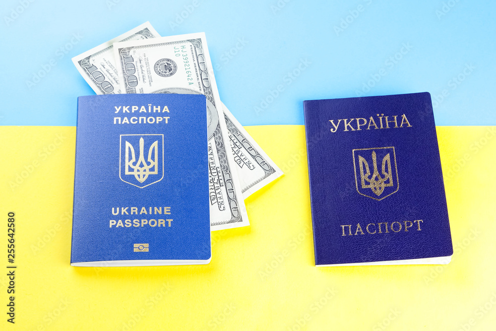 Ukrainian biometric passport and internal passport on background of ...