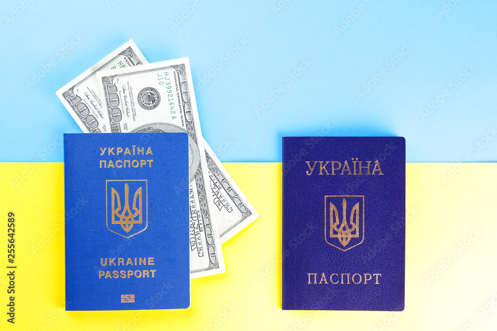 Ukrainian biometric passport and internal passport on background of ...