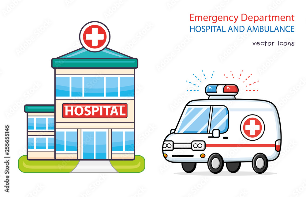 Hospital building and ambulance car isolated, emergency department ...