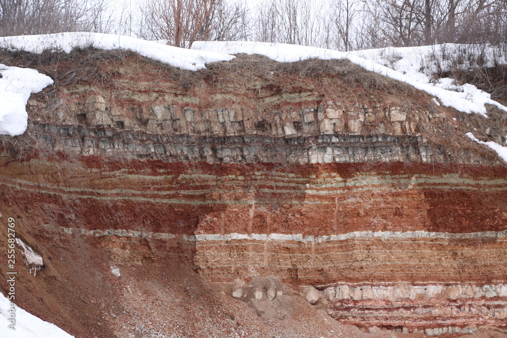 texture of different layers of clay underground in clay quarry after ...