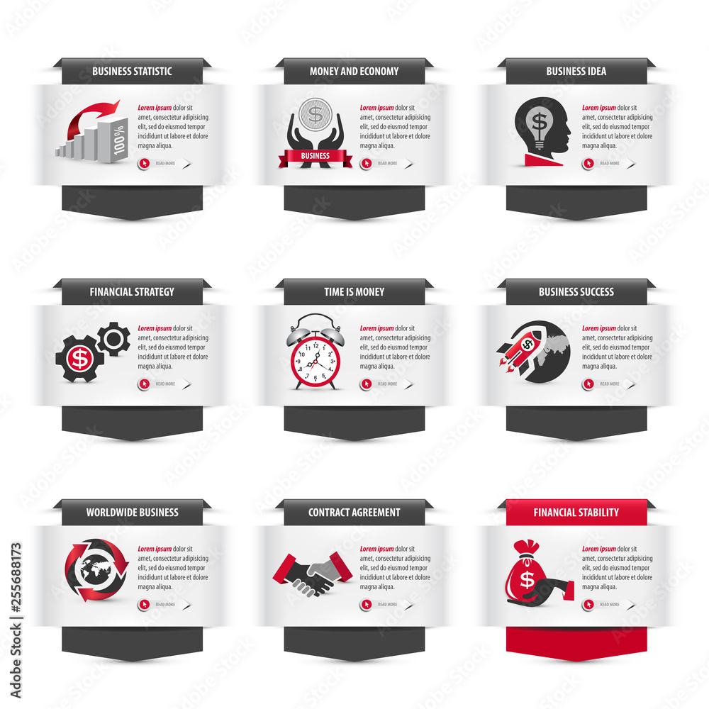 set of web thumbnails with business symbols, gray and red ribbons with ...