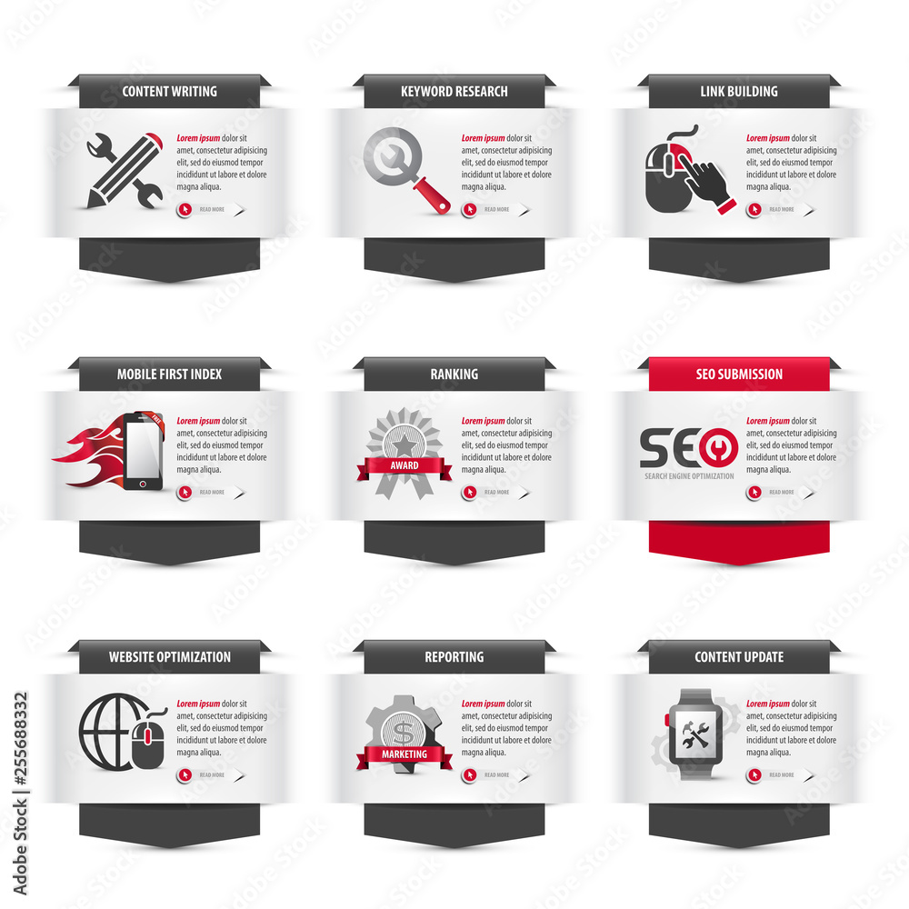 set of web thumbnails with seo symbols, gray and red ribbons with ...