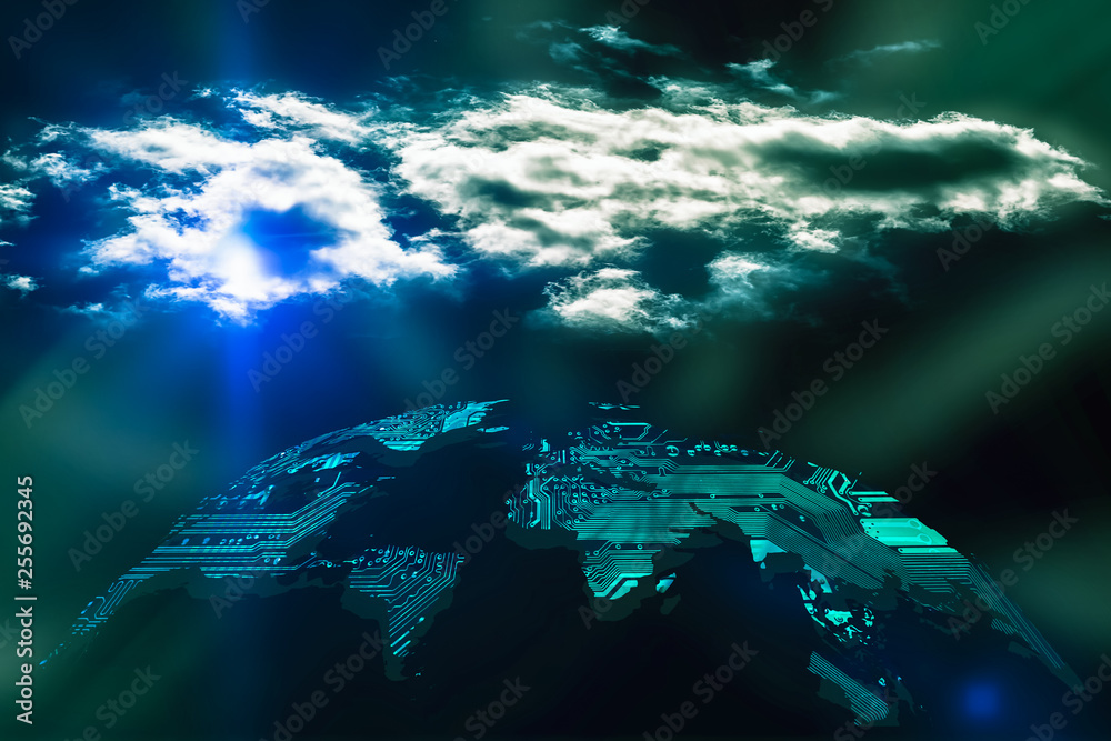 Global cloud computing concept. Earth hemisphere map from circuit board ...
