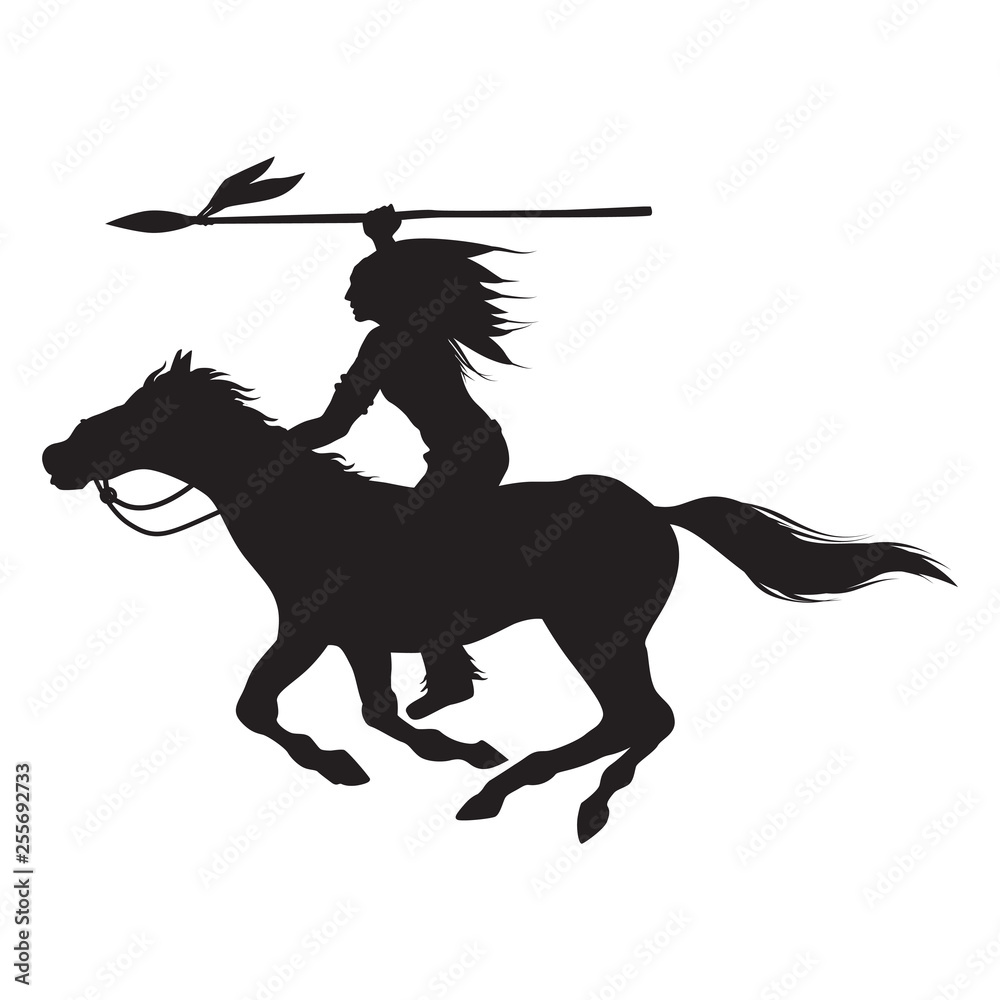 Silhouette of Native American Indian riding horseback with a spear ...