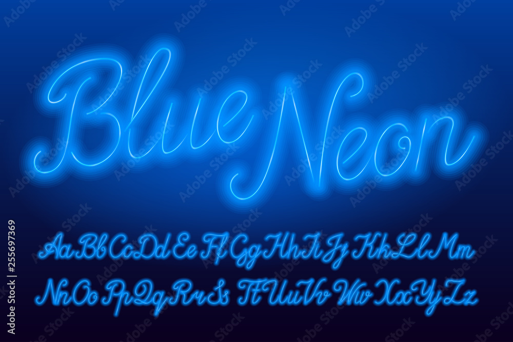 Blue Neon alphabet font. Blue neon color lowercase and uppercase script ...