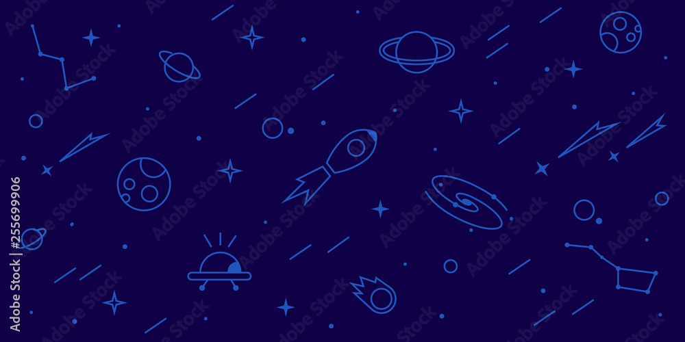 Blue space background with rocket, planet, stars, galaxy, UFO and ...