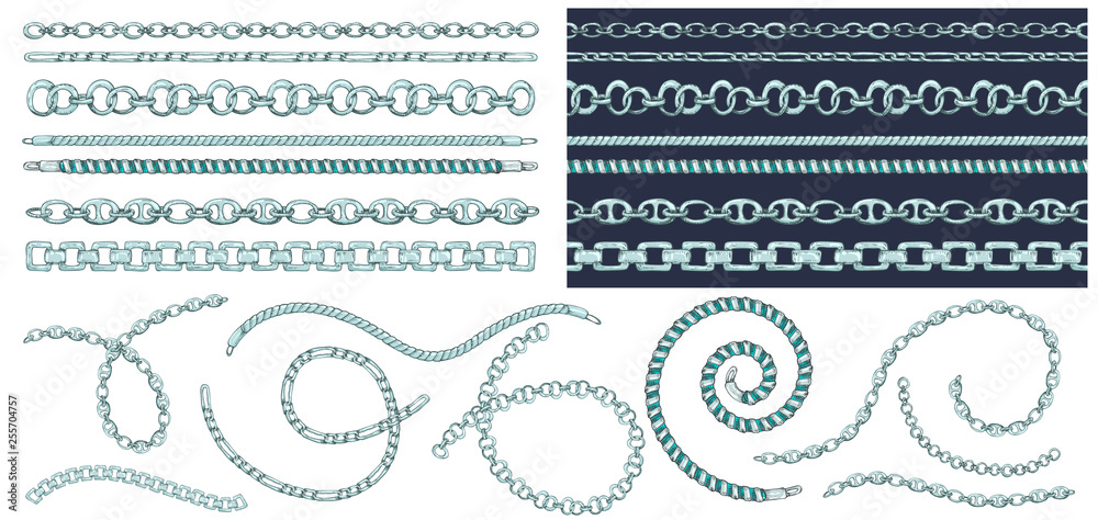 Set of brush patterns with retro hand-drawn sketch silver chain on dark ...