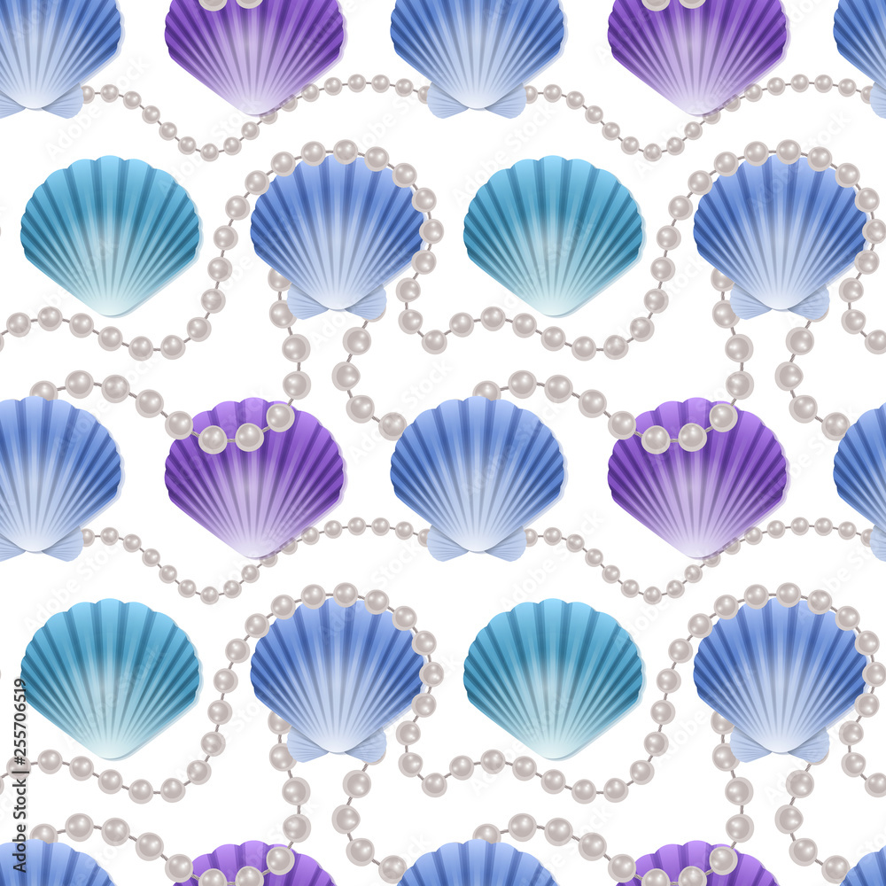 Seamless Endless Pattern with Print of colorful shells and pearls on ...