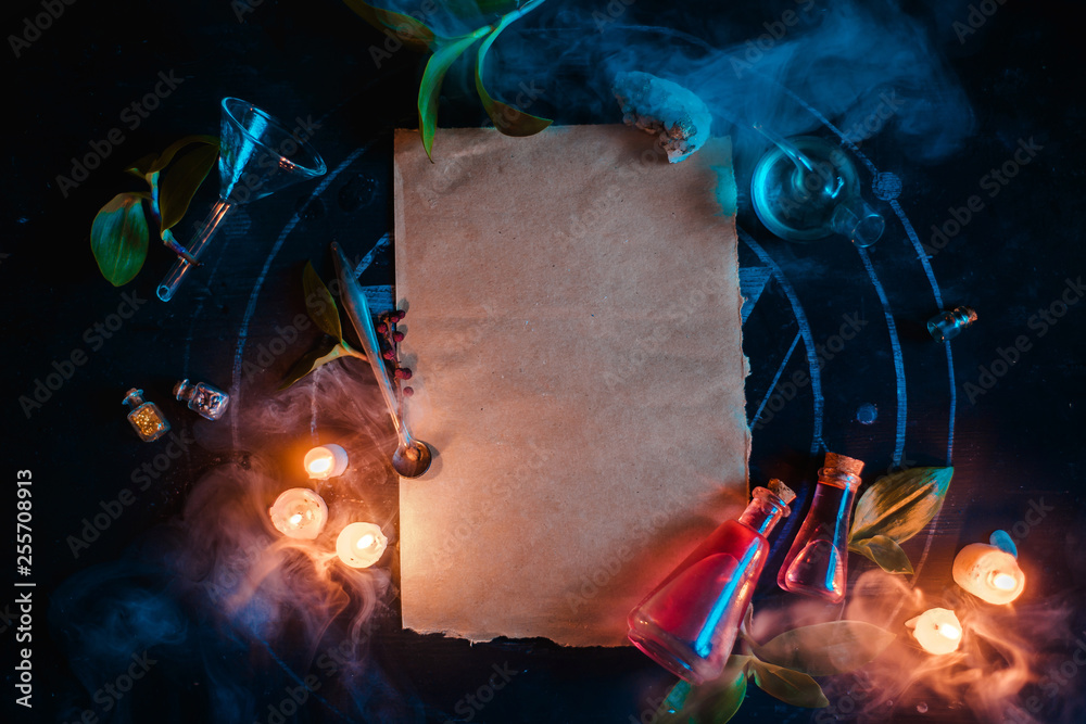 Magical scroll template for ad or certificate. Blank parchment with ...