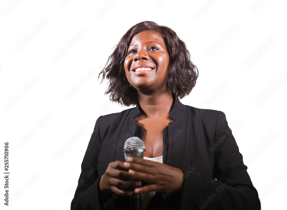 confident black African American business woman with microphone ...