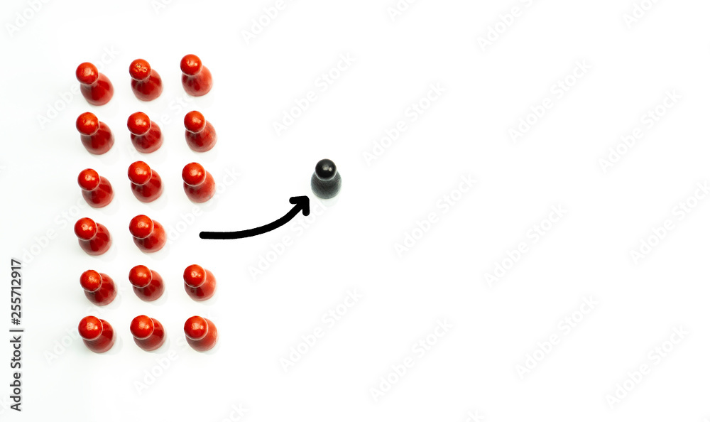 Many red meeple in a row and a black meeple leaving the red ones, white ...