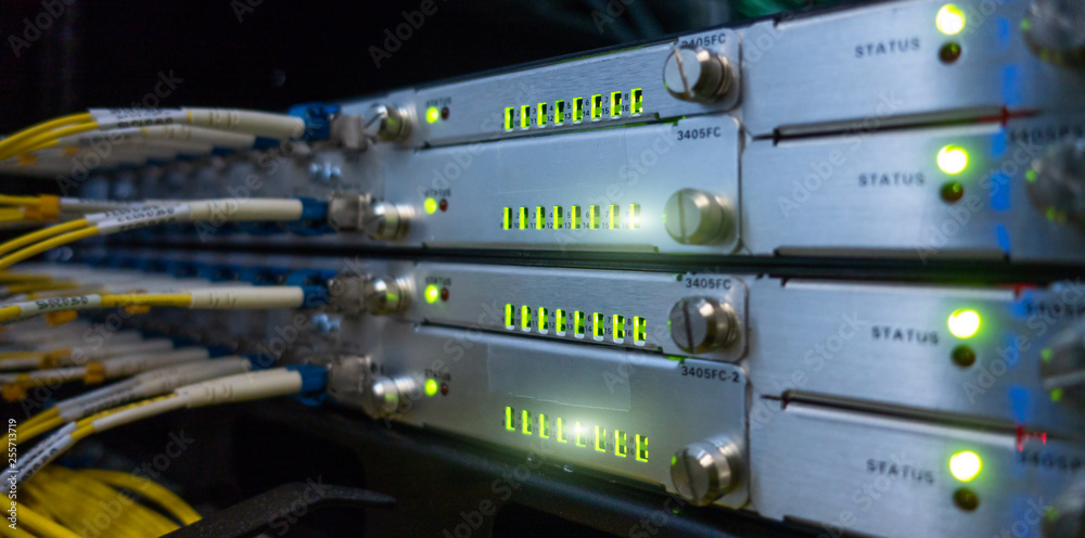 Telecommunication Broadband Fiber Optical Cables. Datacenter rack ...