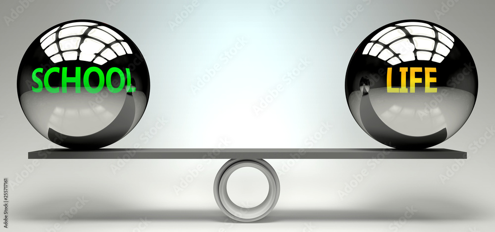 School and life balance, harmony and relation pictured as two equal ...