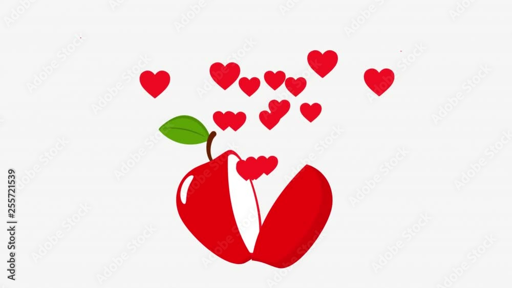 The cartoon apple is broken into two parts, and the hearts fly out ...