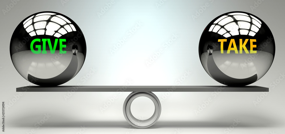 Give and take balance, harmony and relation pictured as two equal balls ...