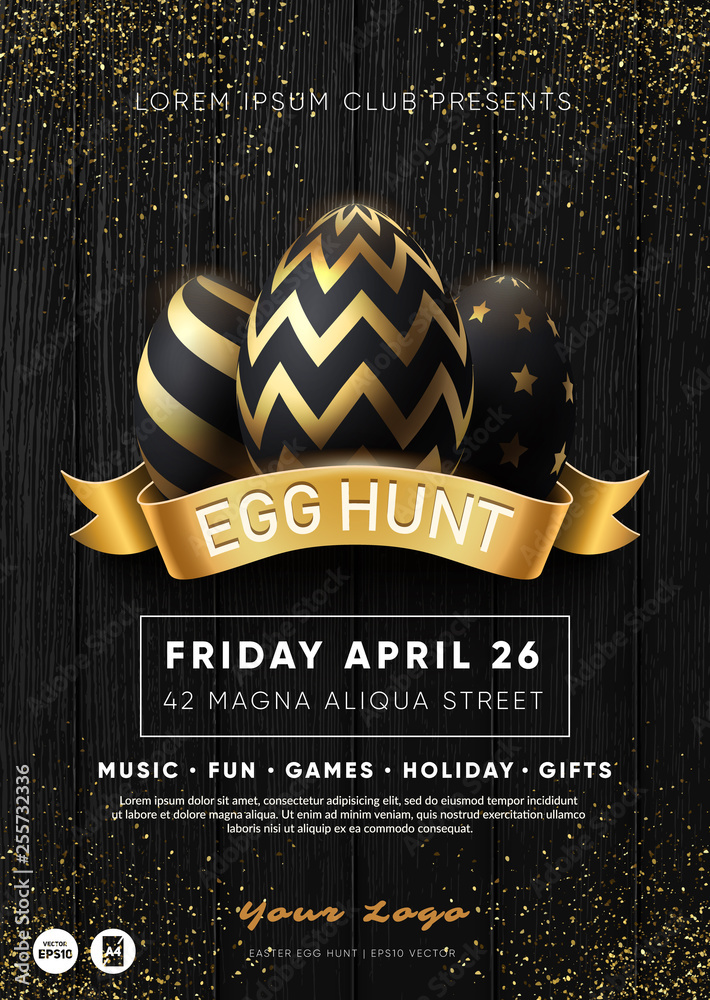 Easter Egg Hunt Party flyer template. "Egg Hunt" club poster. Golden ...