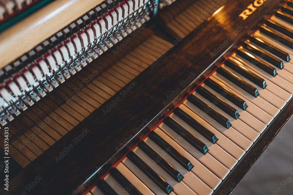 Inside a piano ,showing a vintage wooden parts of piano in close up ...