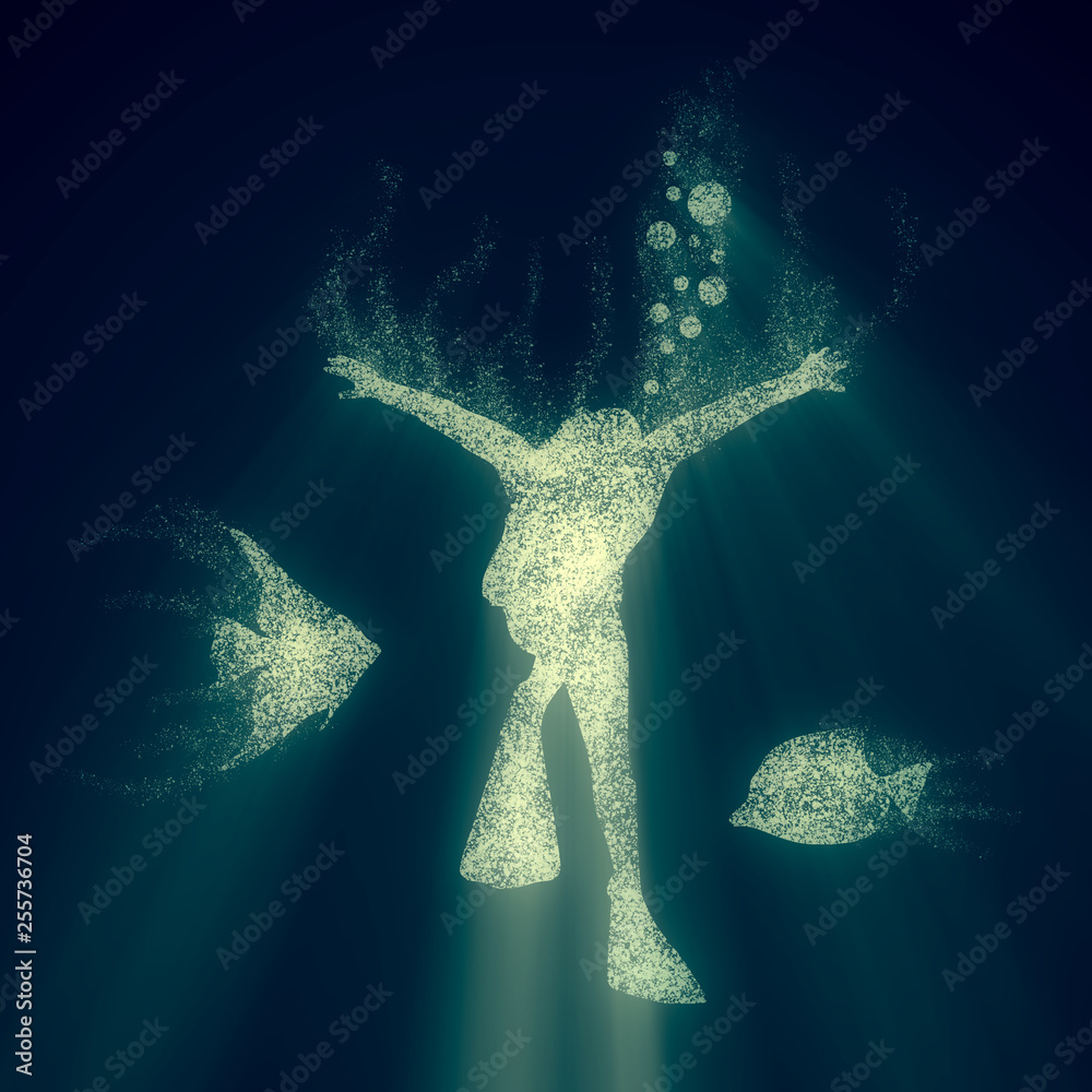 Silhouette of diver with trail of particles. The concept of sport ...