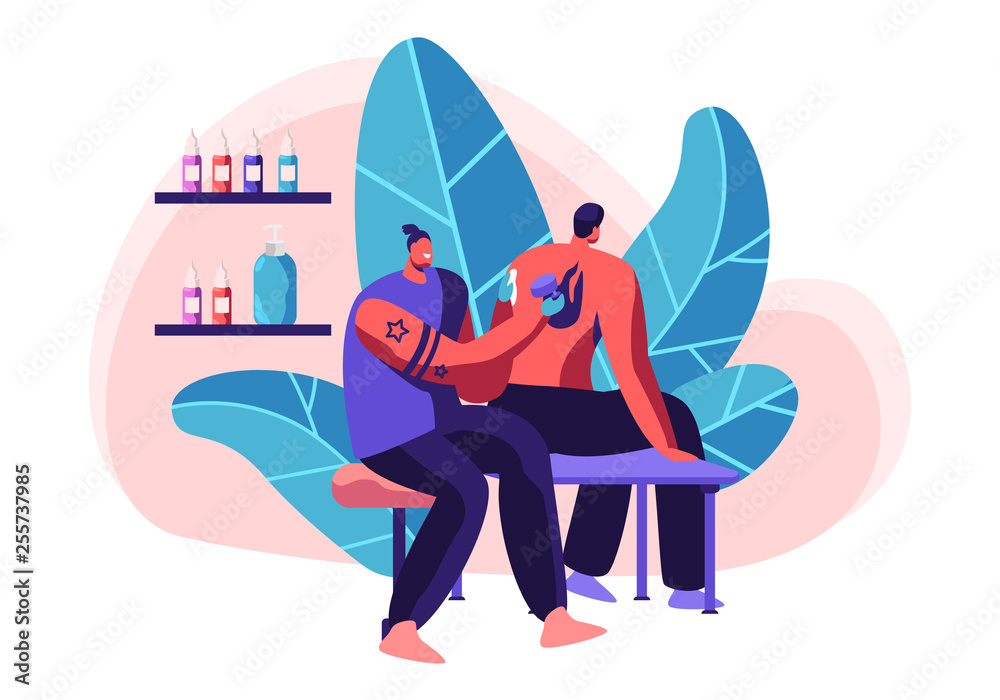 Tattoo Master Make Ink Picture to Man in Parlor Stock Vector | Adobe Stock