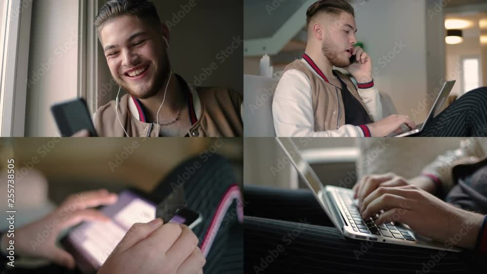 Collage of young man with different electronic devices. Multiscreen ...
