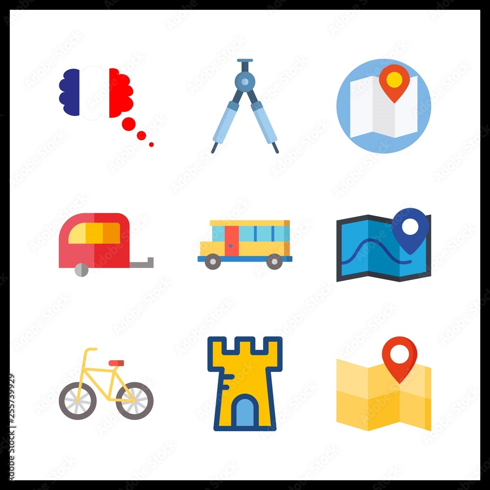 9 tour icon. Vector illustration tour set. bicycle and compass icons ...