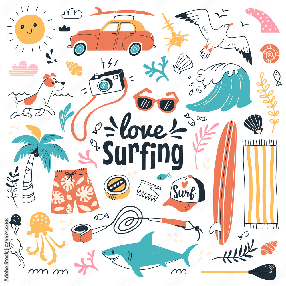 Love surfing collection. Vector illustration in cartoon doodle style of ...
