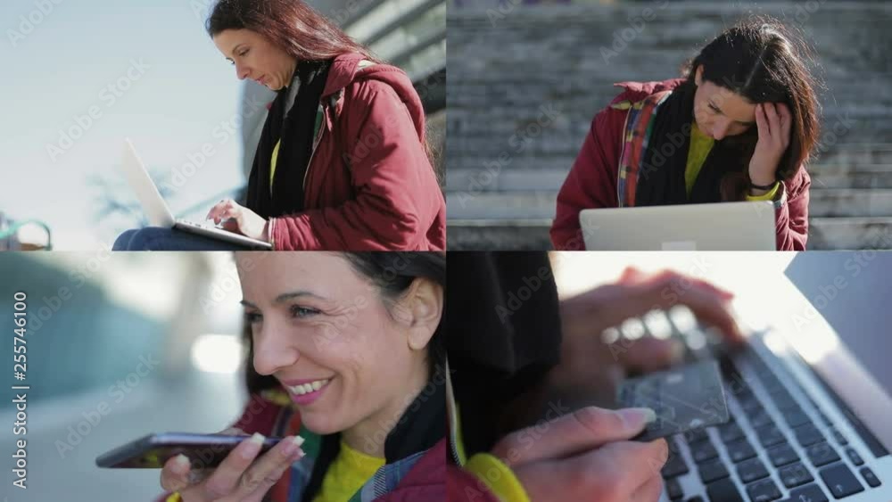 Collage of mature woman with long hair using various gadgets ...