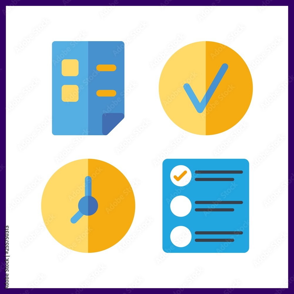 4 tick icon. Vector illustration tick set. clock and list icons for ...