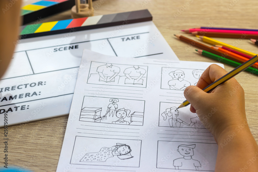 Storyboard drawing with pencil creative sketch cartoon. Storyboarding ...