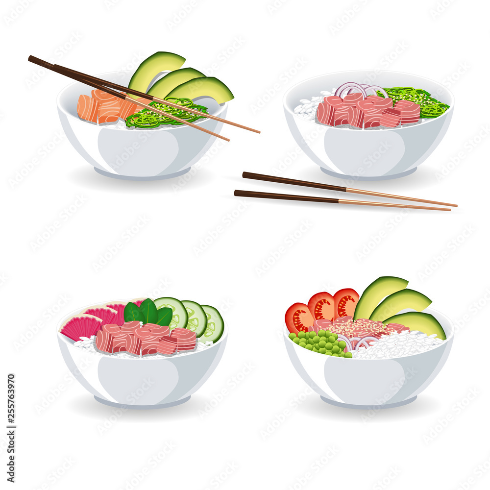 Set of illustrations with different types of Poke bowl isolated on ...