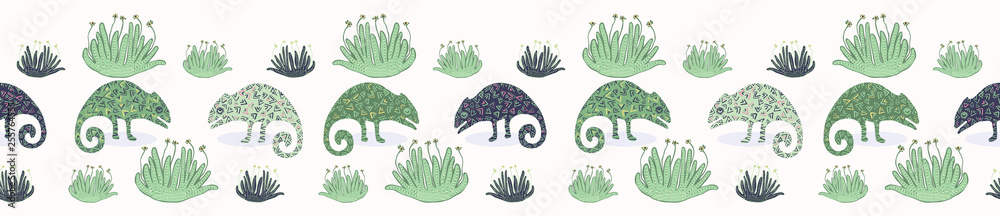 Chameleon lizard seamless border pattern. Green reptile repeatable ...