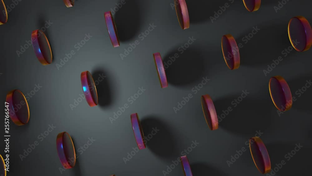 3D computer rendering of crystal glass round objects rotating on dark ...