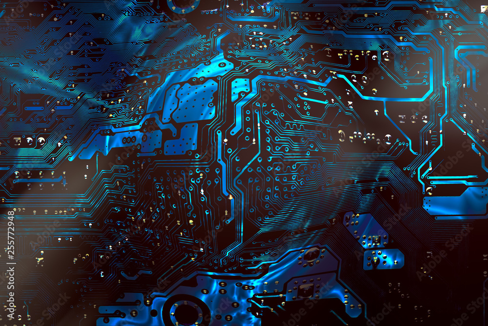 Circuit board background of computer motherboard with magnifier circle ...