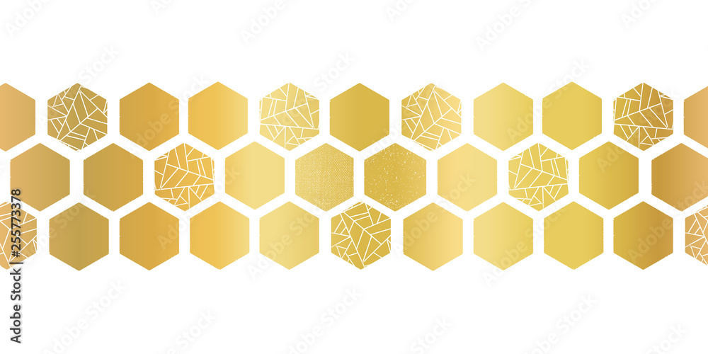 Gold foil hexagon shapes seamless vector border. Geometric golden ...