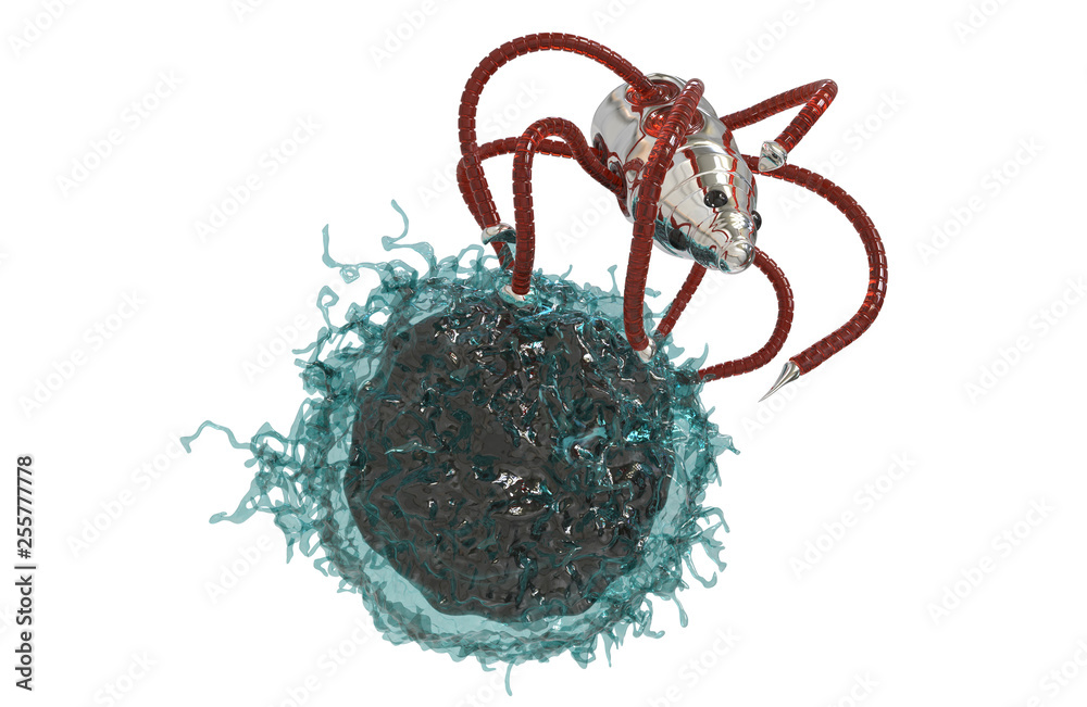 Nanobot attacking cancer cell, nanotechnology medical concept, 3D ...