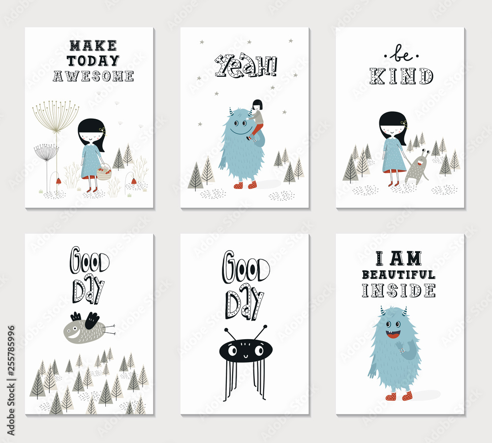 Collection of children cards with cute monsters and lettering. Perfect ...