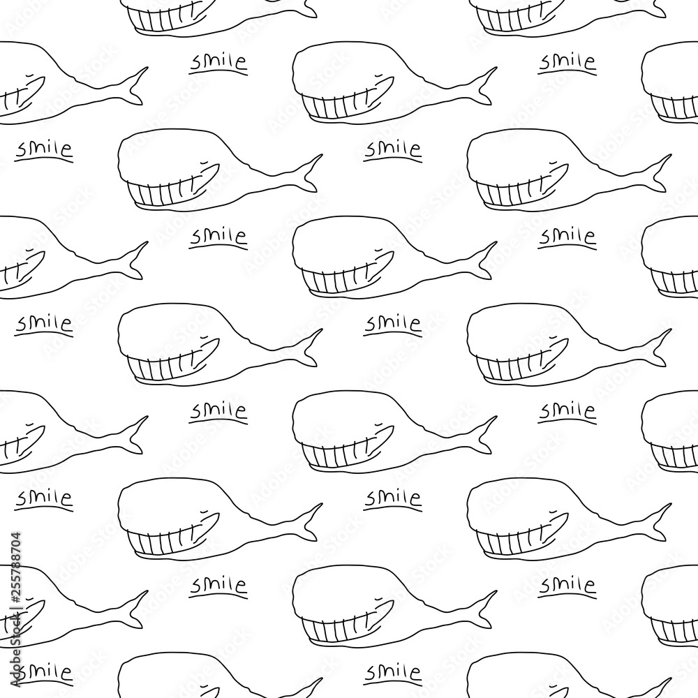 Cute cartoon whale pattern with hand drawn smiling whales. Sweet vector ...