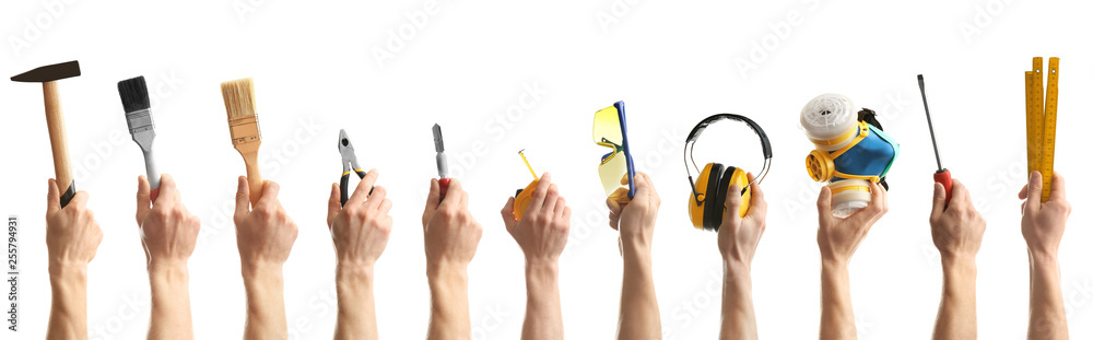 Set of men holding different construction tools on white background ...