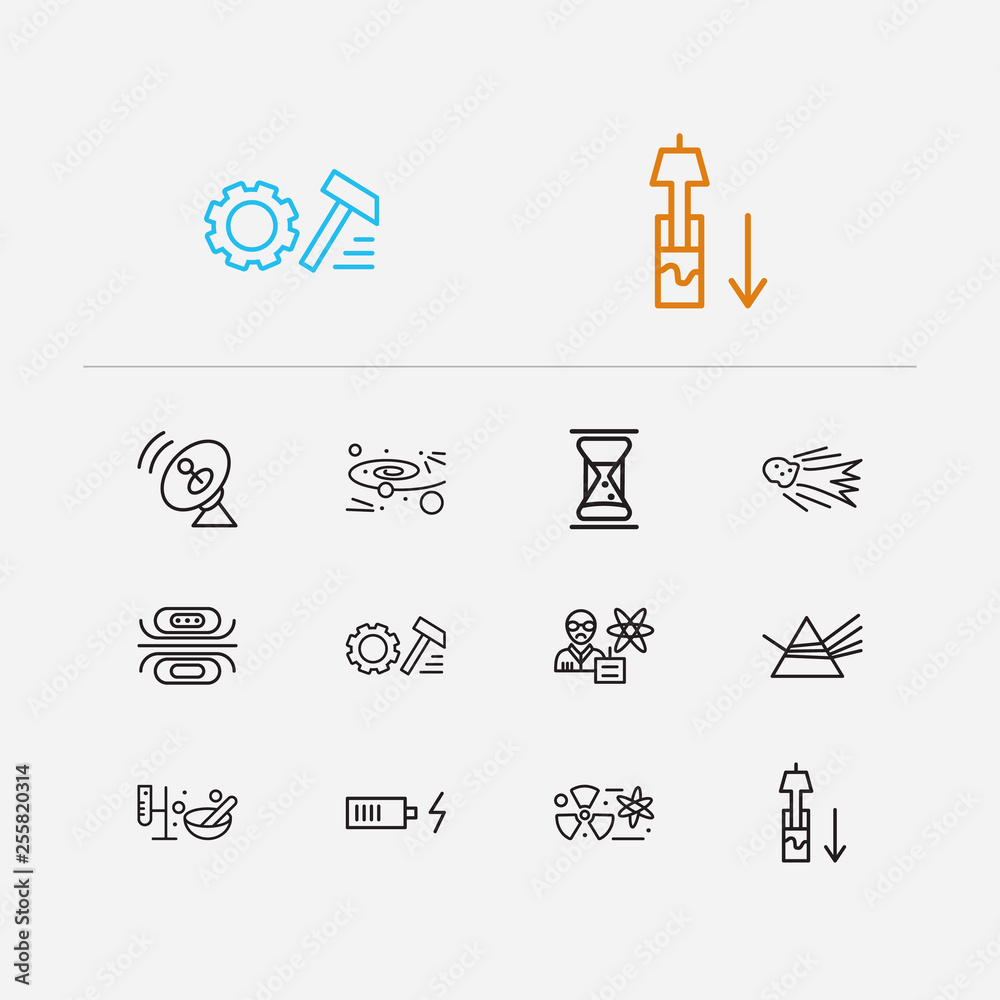 Physics icons set. Cosmology and physics icons with dispersion of light ...