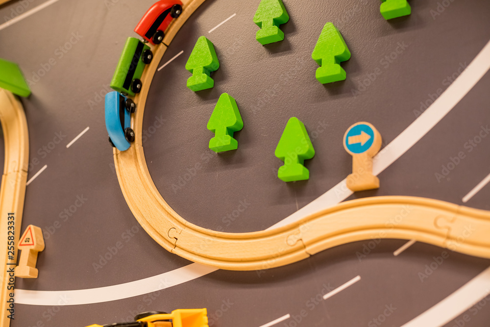 Toy Train in brick town.wooden trains in indoor playground or amusement ...