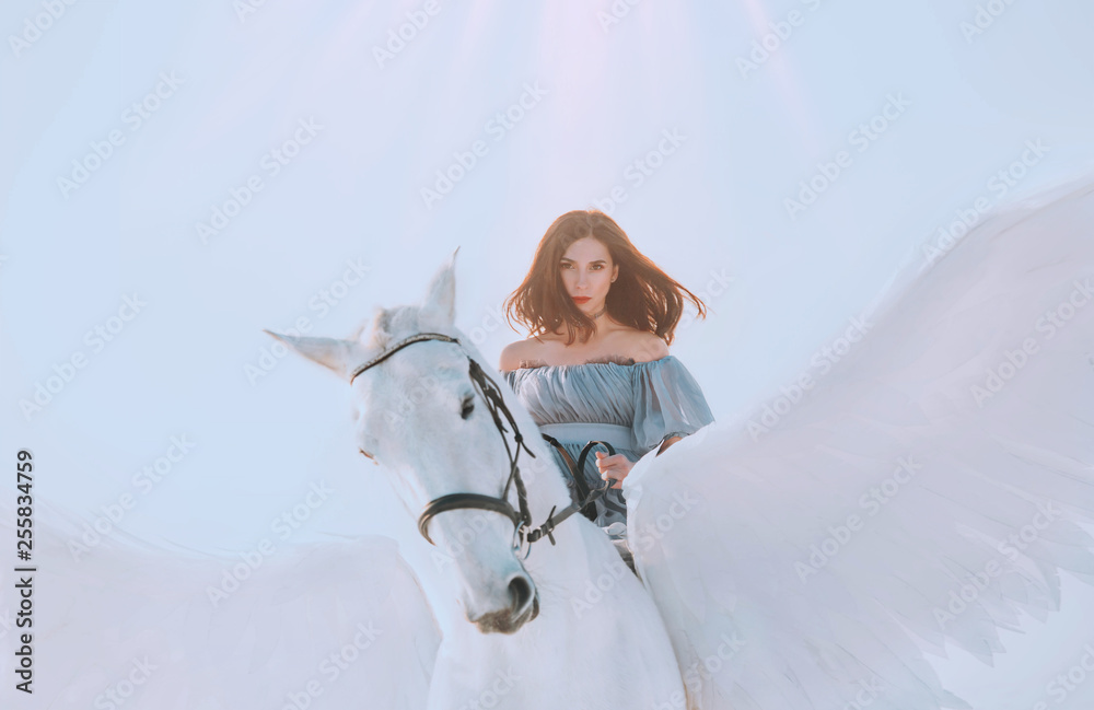bright sky and sunlight, majestic girl with dark flying hair riding ...