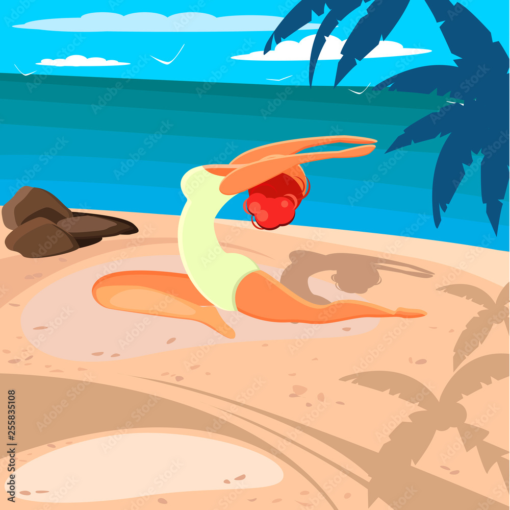 Beautiful young woman sitting on the beach and relaxing in a yoga pose ...