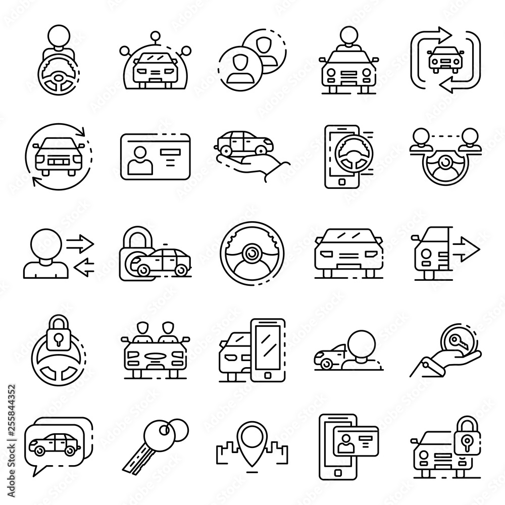 Car sharing icons set. Outline set of car sharing vector icons for web ...