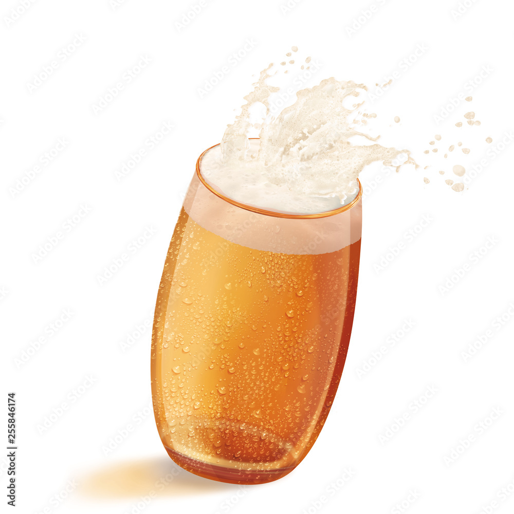 bière, en verre, boire, giclé, débordé, mousse, alcool, froid, isolé ...
