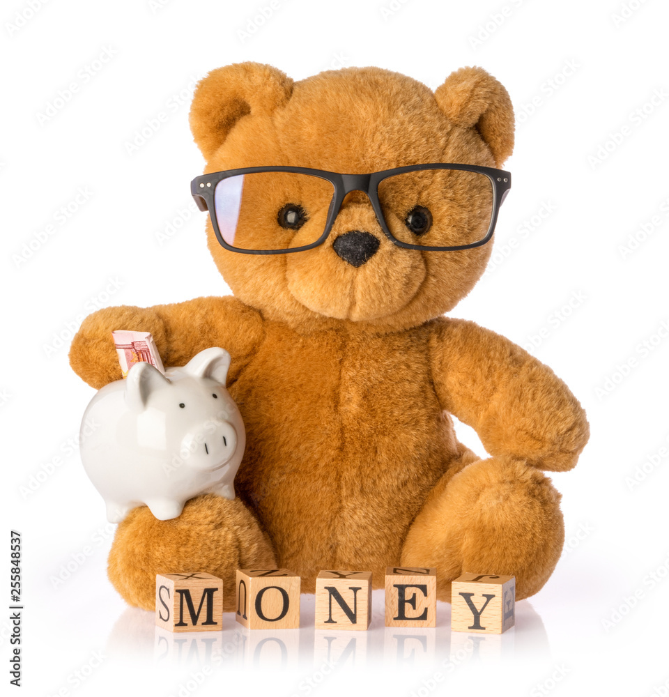 Teddy bear. Money savings concept isolated white background Stock Photo ...