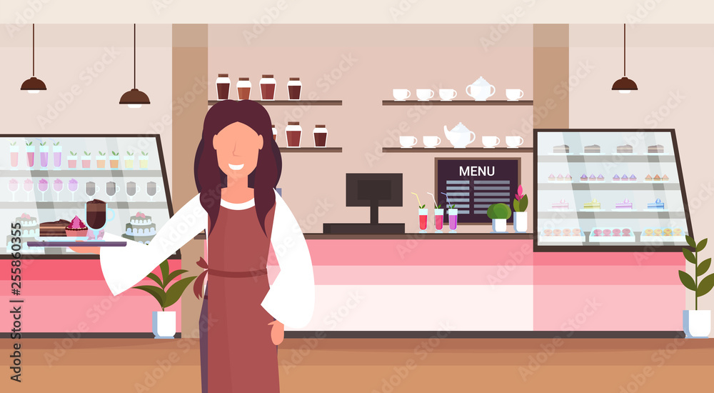 waitress holding tray with cake and cappuccino coffee shop worker ...