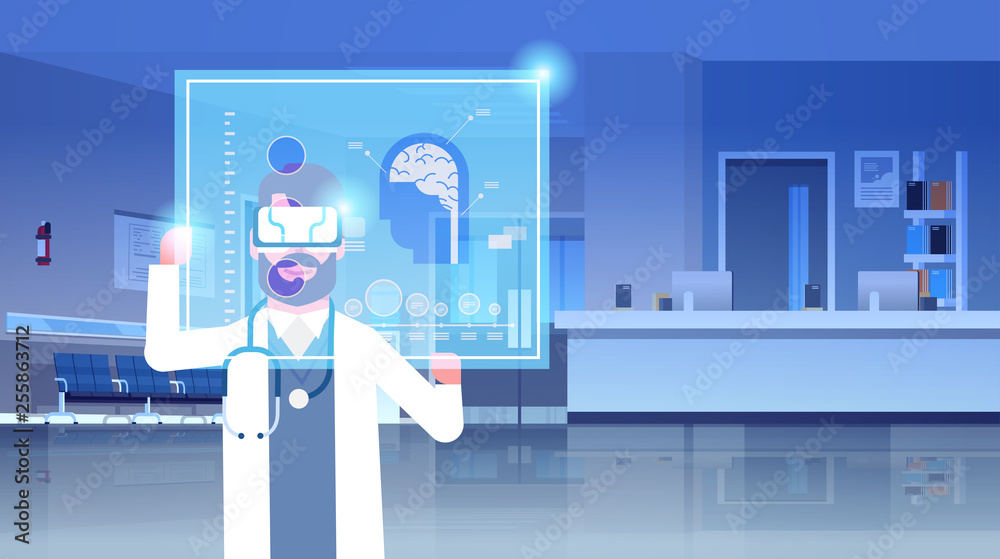 male doctor wearing digital glasses examining virtual reality brain ...