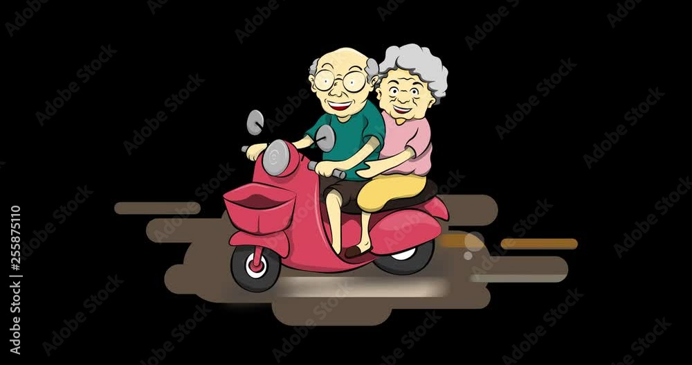 2D animation illustration of seniors couples riding a pink motorcycle ...