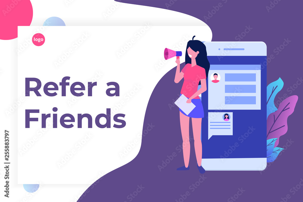 Refer a friend, shout on megaphone, flat style concept. Sharing ...